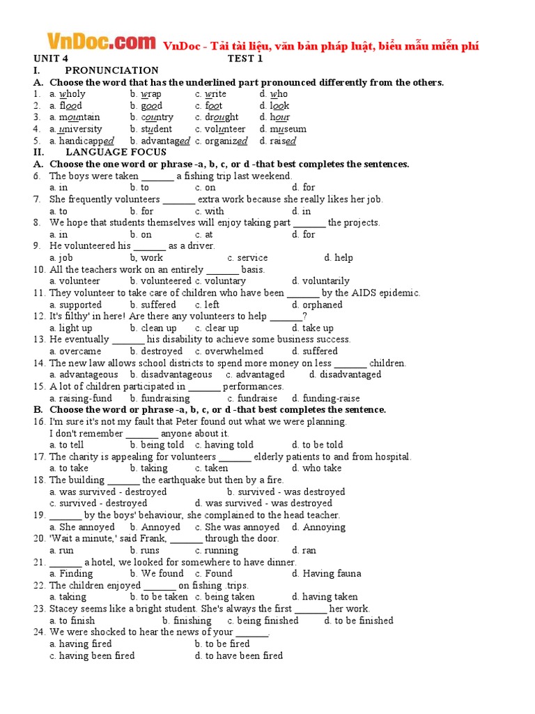 Bai Tap Tieng Anh Lop 11 Unit 4 Volunteer Work So 1 Co Dap An Test ...