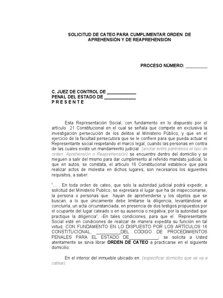 Solicitud de Cateo para Cumplimentar Orden de Aprehensión y de ...