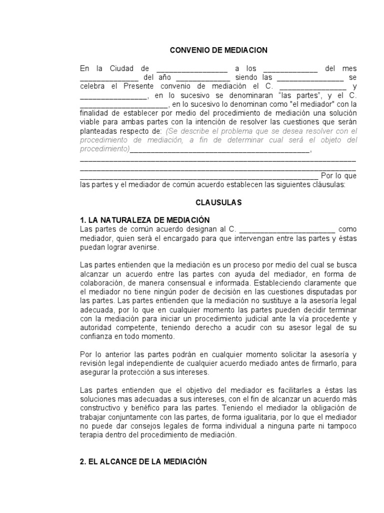 Convenio de Mediación: Cláusulas y Proceso | PDF | Mediación