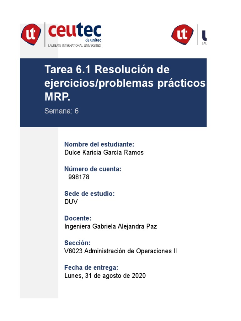V6023 TAREA 6.1 Resoluci N de Ejercicios Problemas PR Cticos Sobre MRP - DKG | PDF | Vehículos ...