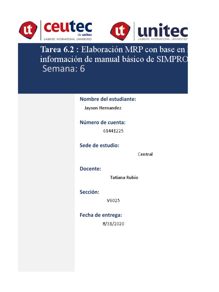 Tarea 6.2 Elaboraci N MRP Con Base en La Informaci N de Manual B Sico de SIMPRO | PDF