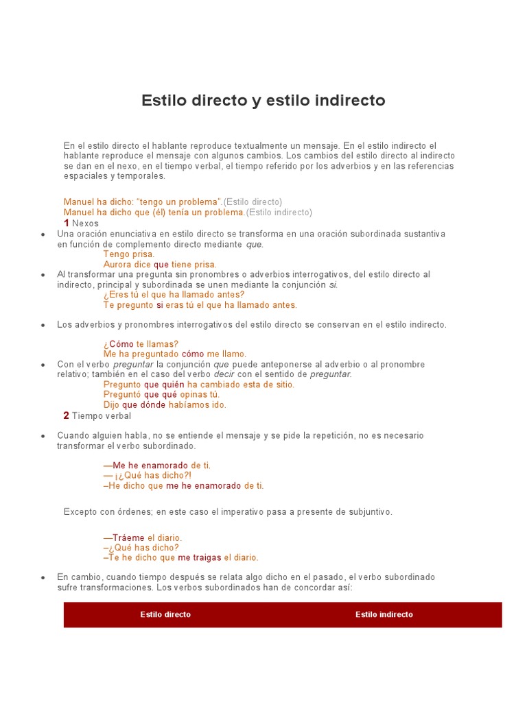Estilo Directo y Estilo Indirecto | PDF | Morfología Lingüística ...