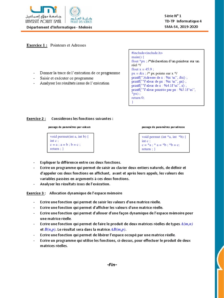 SMA - S4 - Info4 Serie 1 TD TP ELOUDGHIRI | PDF | Pointeur (programmation) | Informatique
