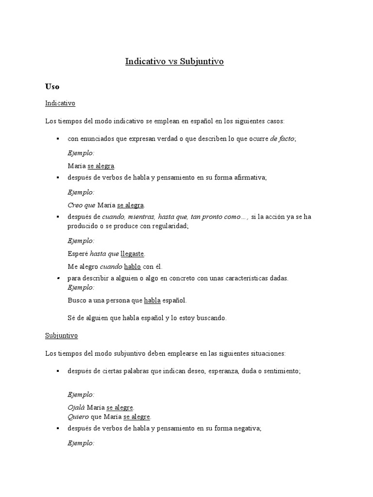 Indicativo Vs Subjuntivo | PDF | Verbo | Tipología Lingüística