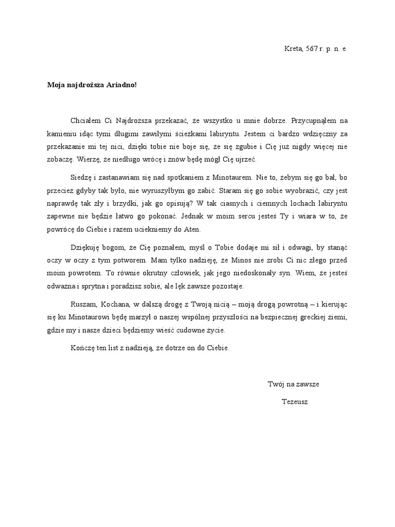 List Tezeusza Do Ariadny I Podziękowanie | PDF
