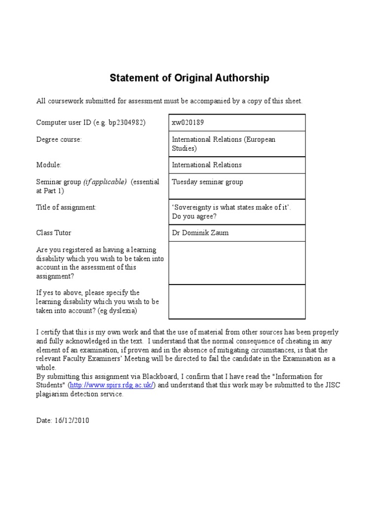 Statement of Original Authorship | PDF | Sovereign State | Sovereignty