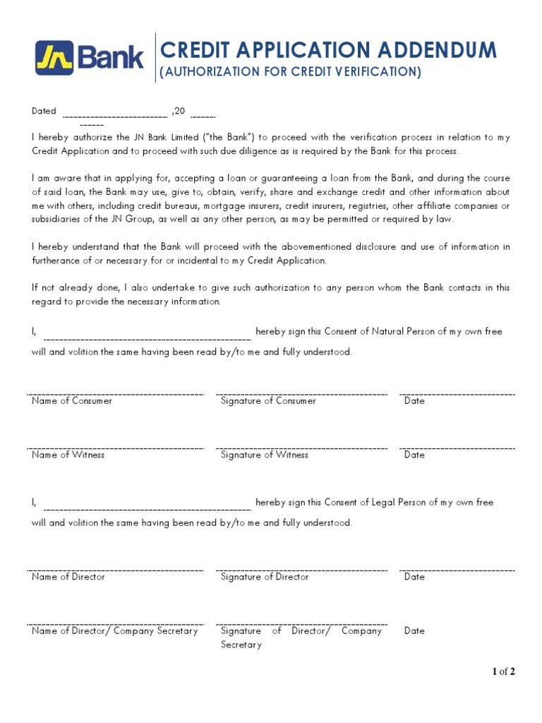 Credit Application Addendum (Authorization For Credit Verification ...