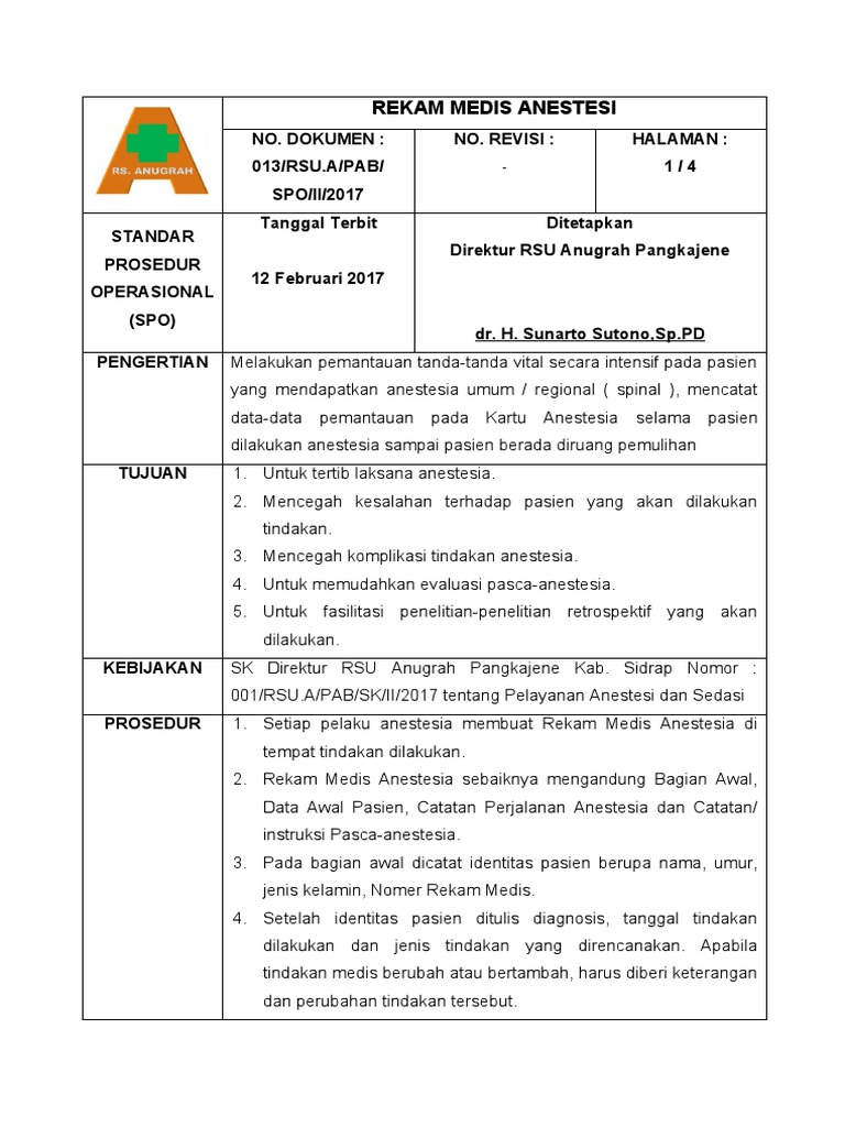 Spo Rekam Medis Anestesi | PDF
