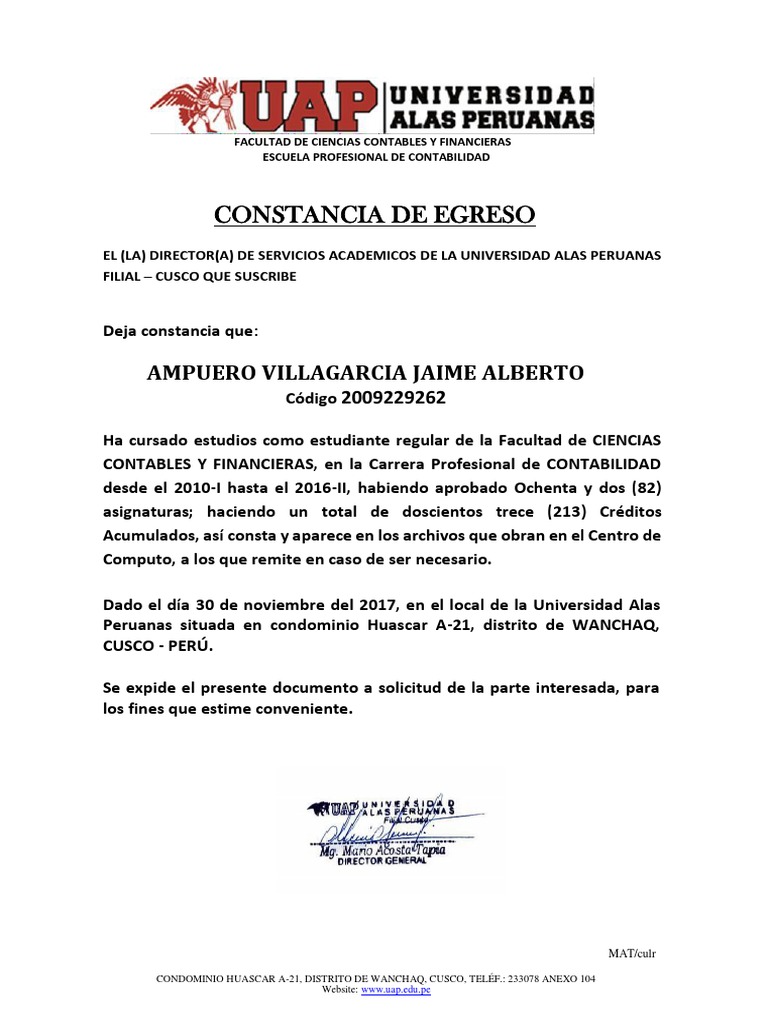 Constancia de Egreso Uap | PDF
