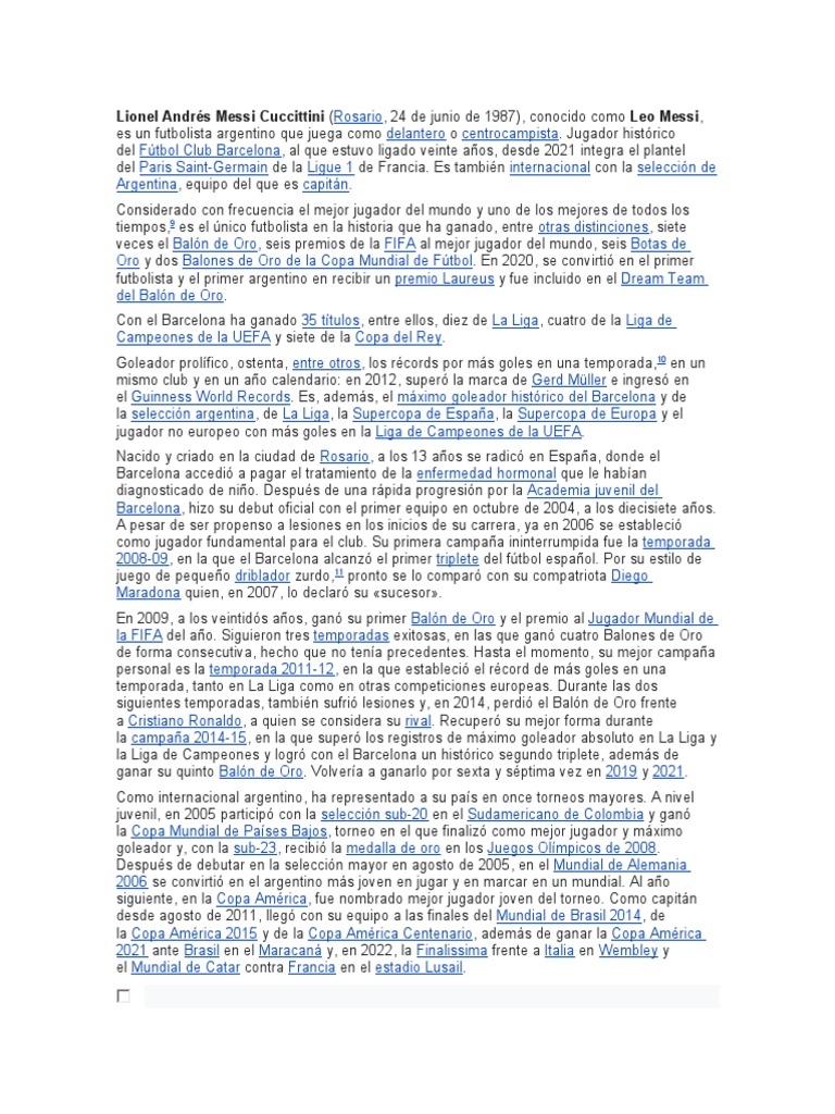 Biografia Leonel Messi | PDF | Lionel Messi | FC Barcelona