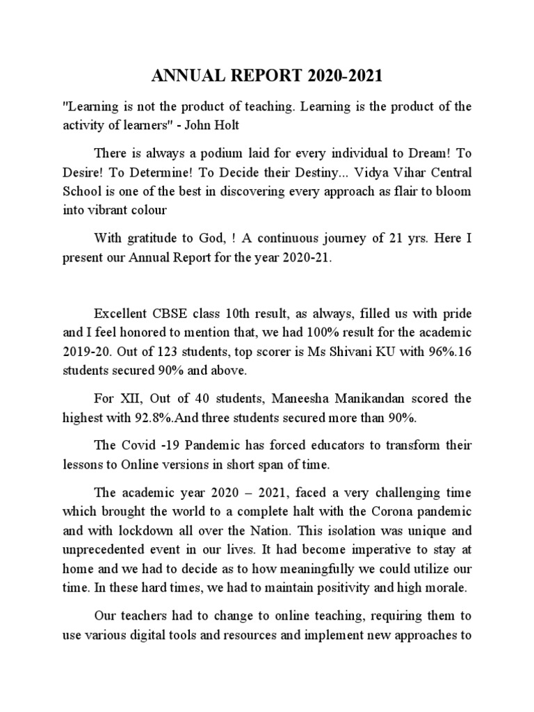 Annual Report 2020-21: School Achievements | PDF | Educational ...