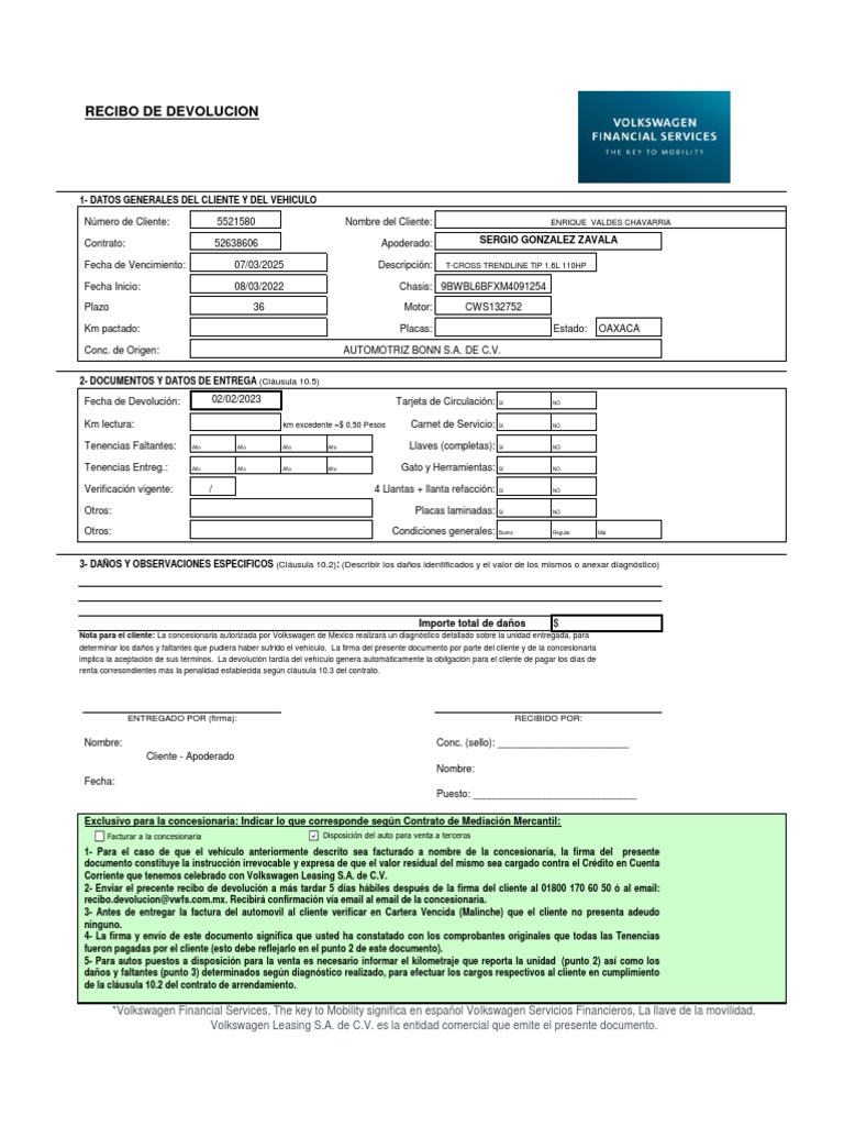 Recibo Devolucion Leasing | PDF