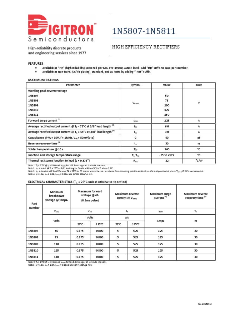 1N5807-1N5811 High Efficiency Rectifiers | PDF | Rectifier | Electrical Equipment