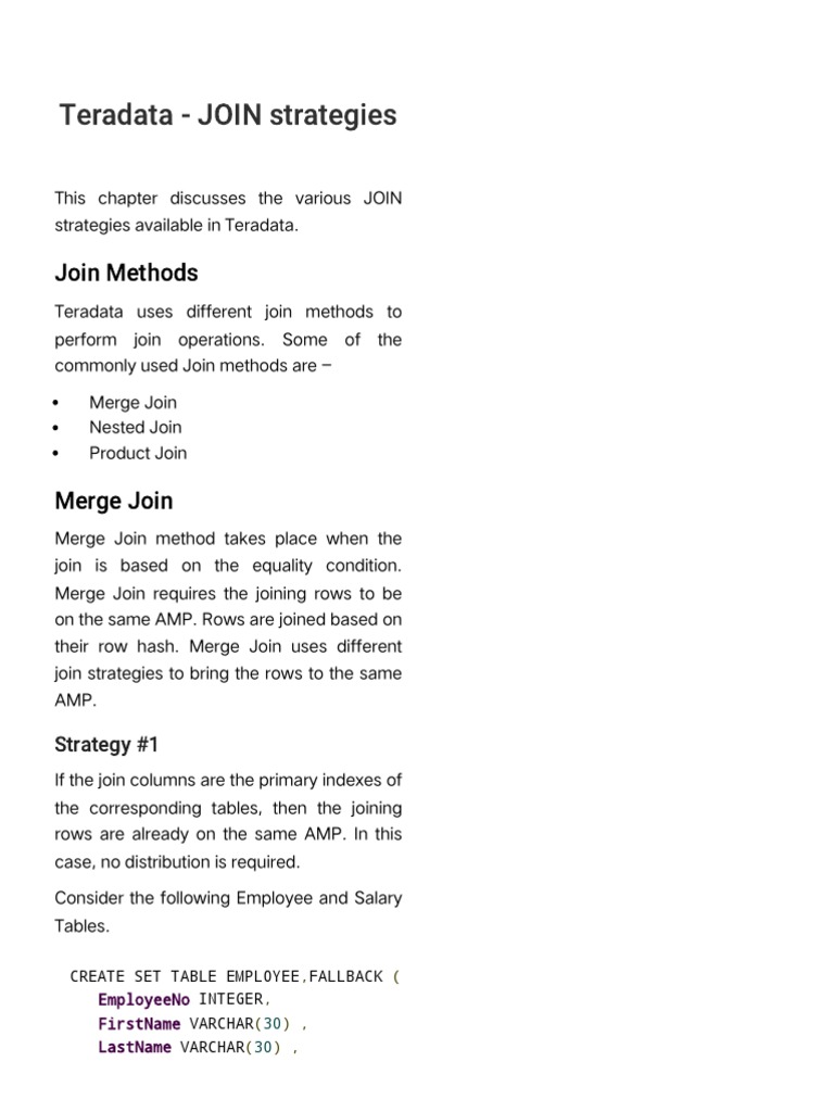 Teradata - JOIN Strategies | PDF Teradata - JOIN Strategies | PDF