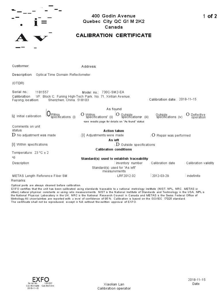 EXFO OTDR Calibration Certificate | PDF | Calibration | Metrology