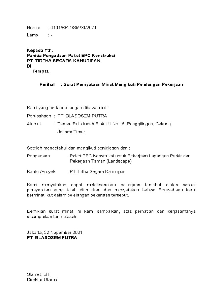 Surat Minat Lelang PDAM | PDF | Teknologi & Rekayasa
