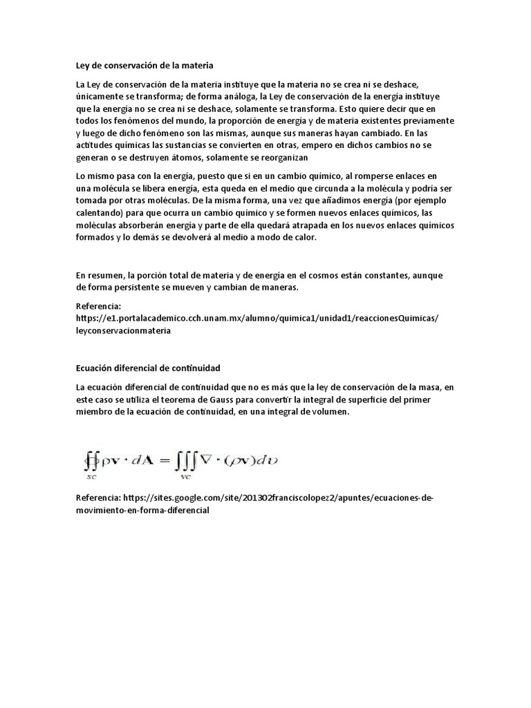 Ley de Conservacion de La Materia y Ecuacion Diferencial | PDF