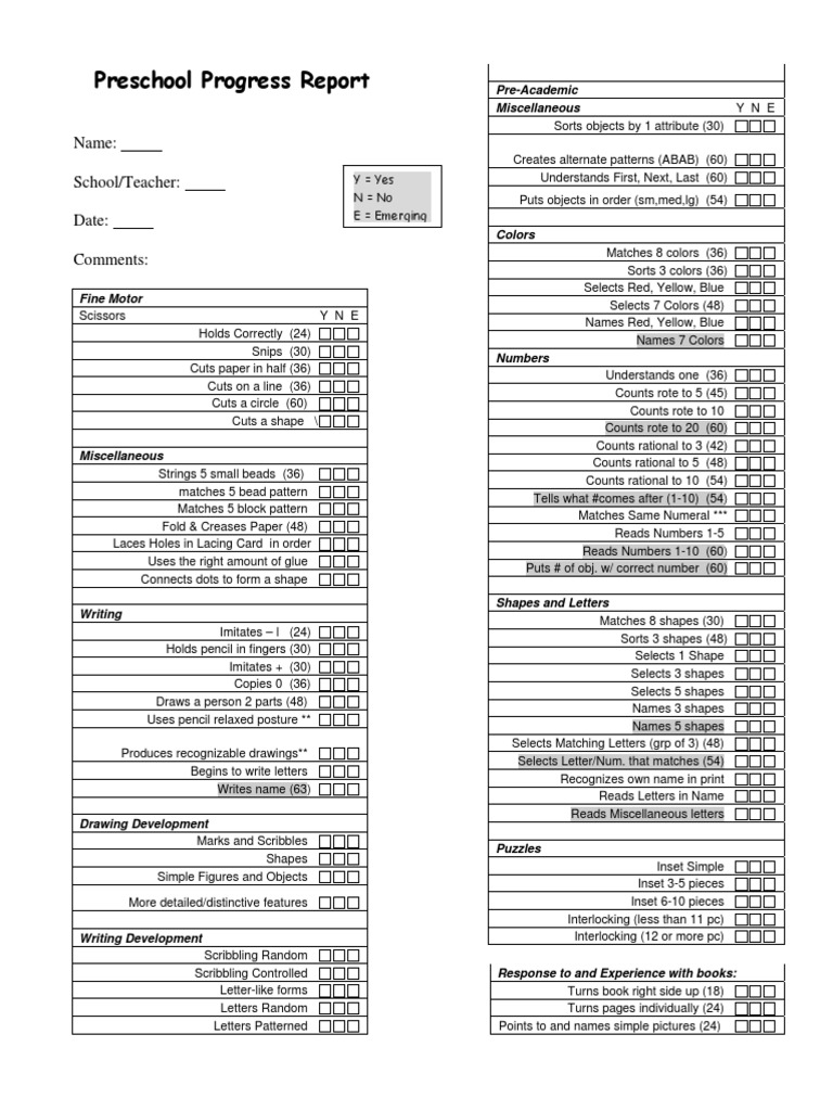 Preschool Progress Report Format | PDF | Psychological Concepts ...