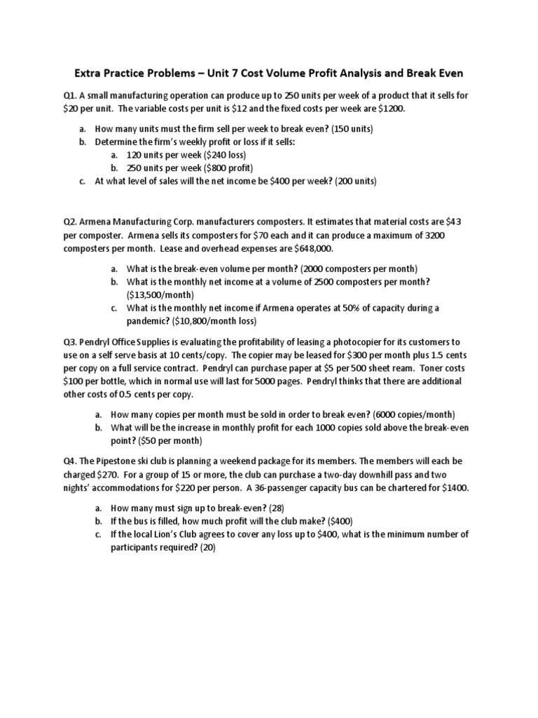 Practice Questions For Break Even With Answers | PDF | Financial ...