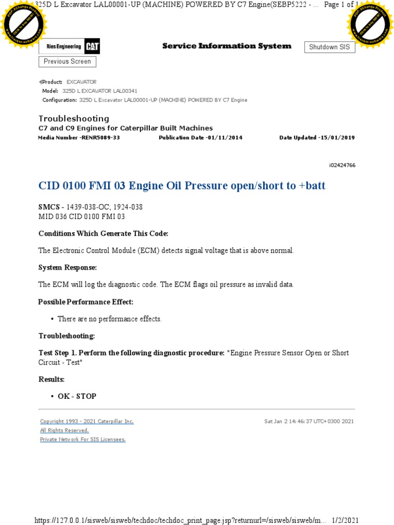 CID 0100 FMI 03 Engine Oil Pressure Open/short To +batt ...