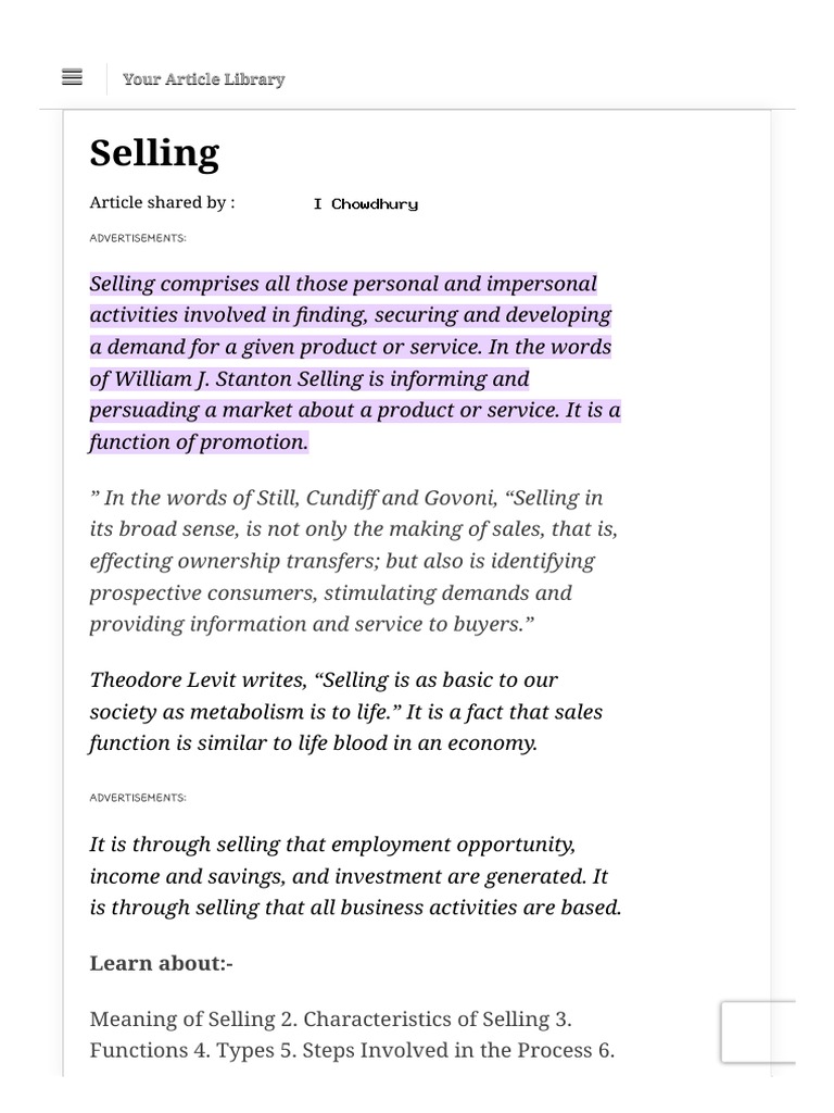 Selling - Meaning, Characteristics, Functions, Principles, Types | PDF ...