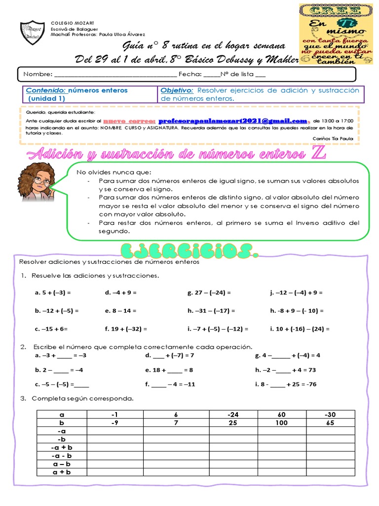 Guía de rutina en el hogar con ejercicios de números enteros | PDF ...