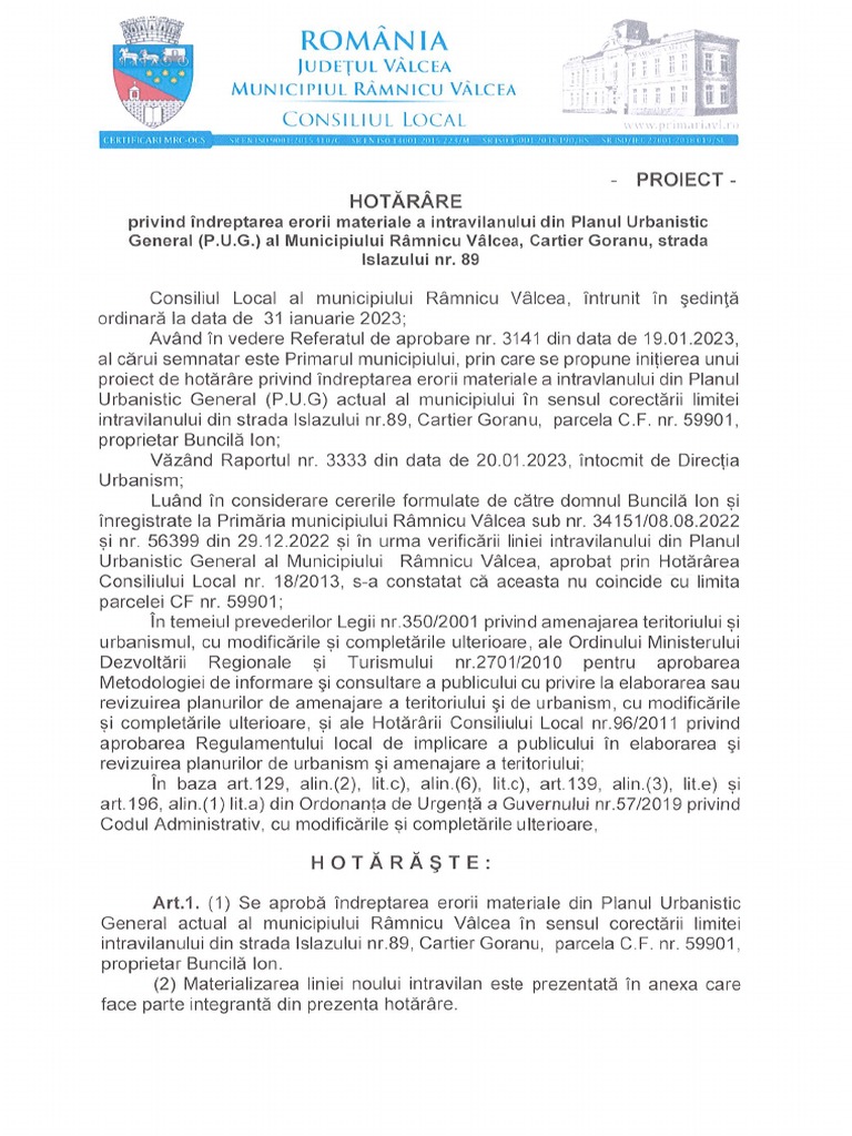 Proiect de Hot. Si Raport Indreptare Eroare Intravila PUG Strada Islazului | PDF