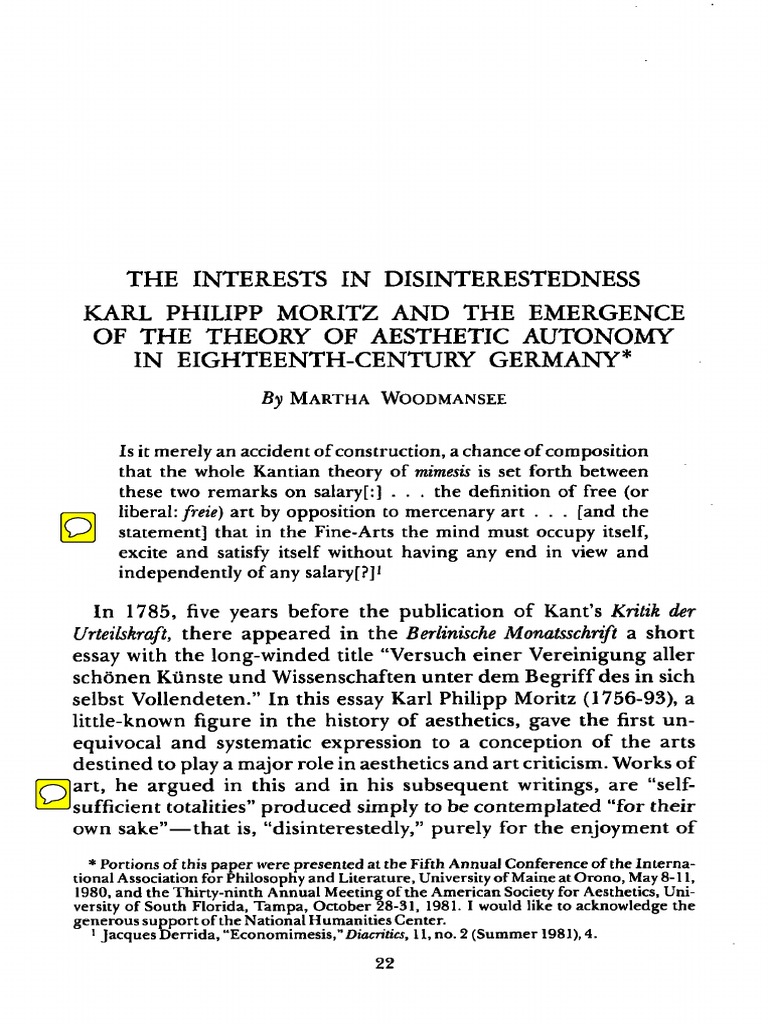 M. Woodmansee, The Interests in Disinterestedness (1984) | PDF