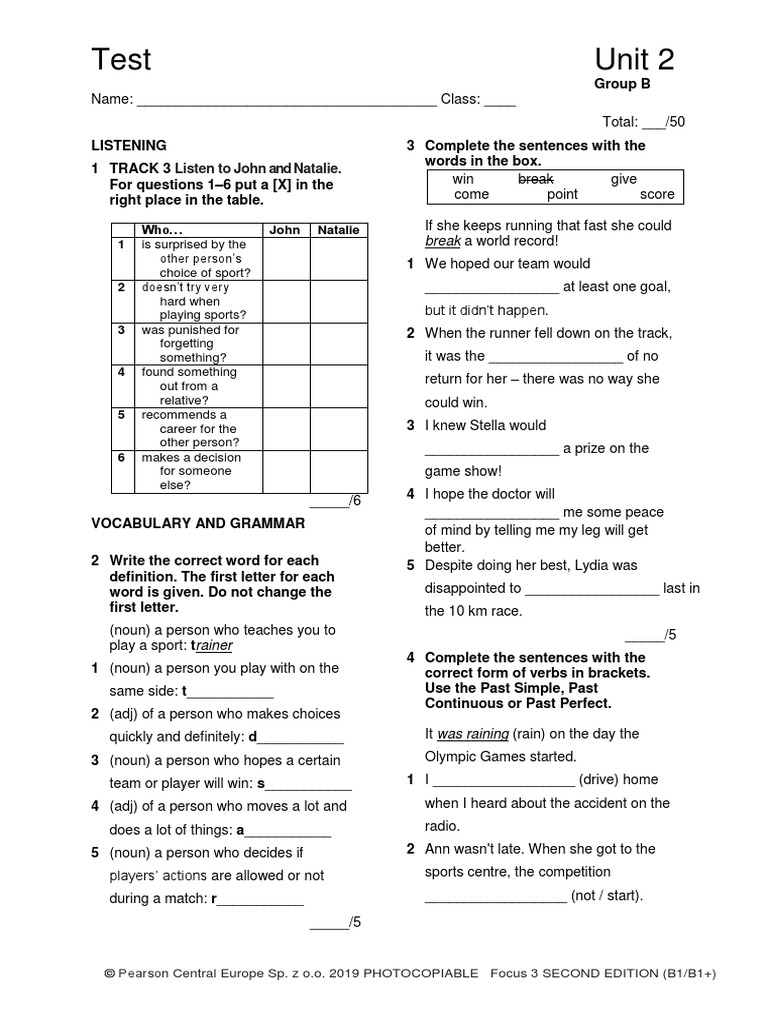 Focus3 2E Test Unit2 GroupB 2kol | PDF | Sports & Recreation