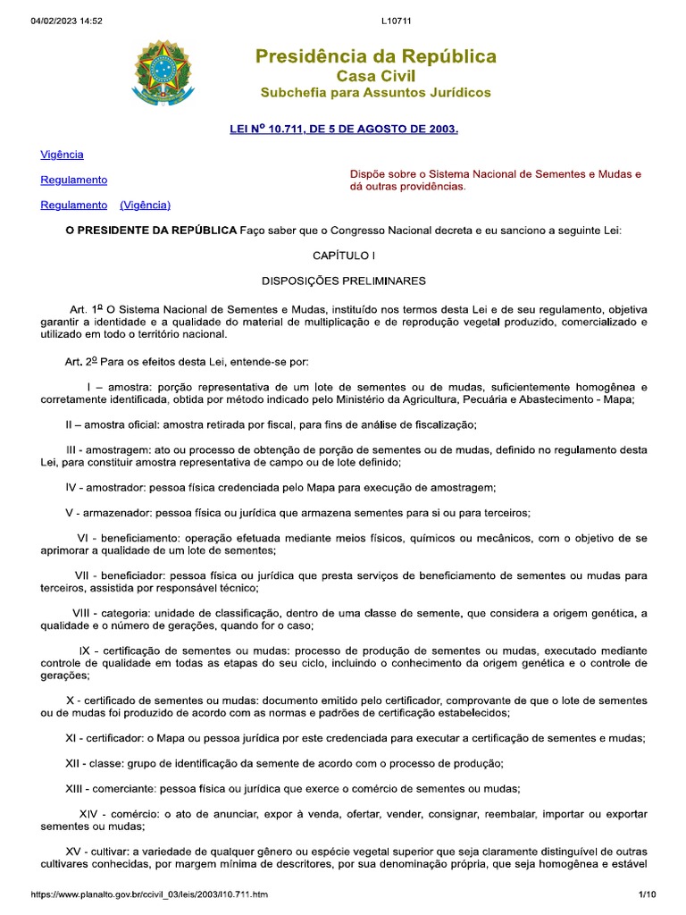 LEI No 10.711, DE 5 DE AGOSTO DE 2003. | PDF