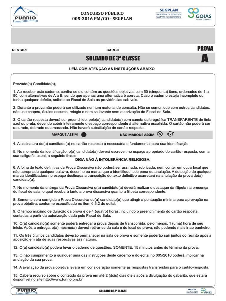Funrio 2017 PM Go Soldado Da Policia Militar Prova | PDF | Violência ... Funrio 2017 PM Go Soldado Da Policia Militar Prova | PDF | Violência ...