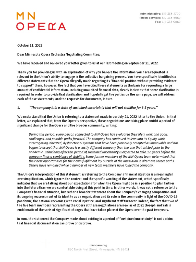 Letter: October 11th - Opera Managment Letter To Orchestra | PDF | Non ...