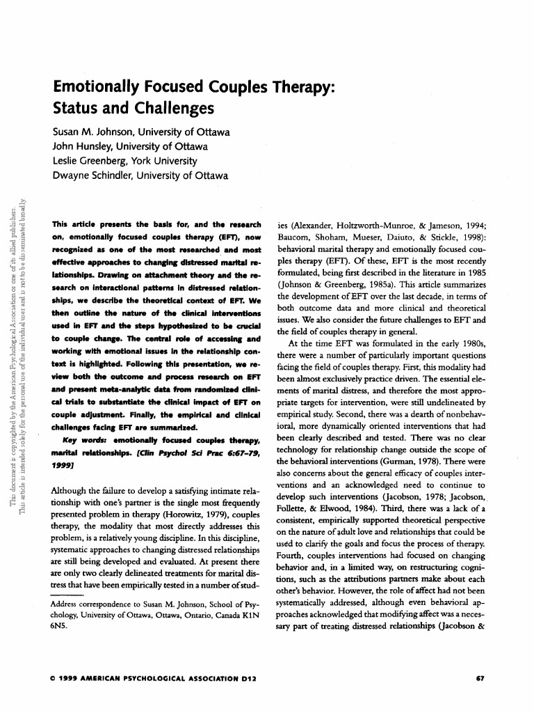 Emotionally Focused Couples Therapy: Status and Challenges | PDF ...