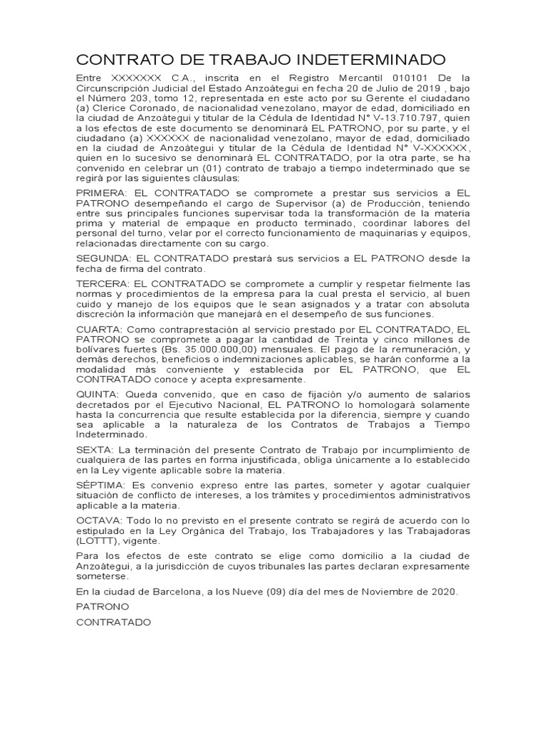 Modelo De Contrato De Trabajo Indeterminado Para Trabajo Pdf