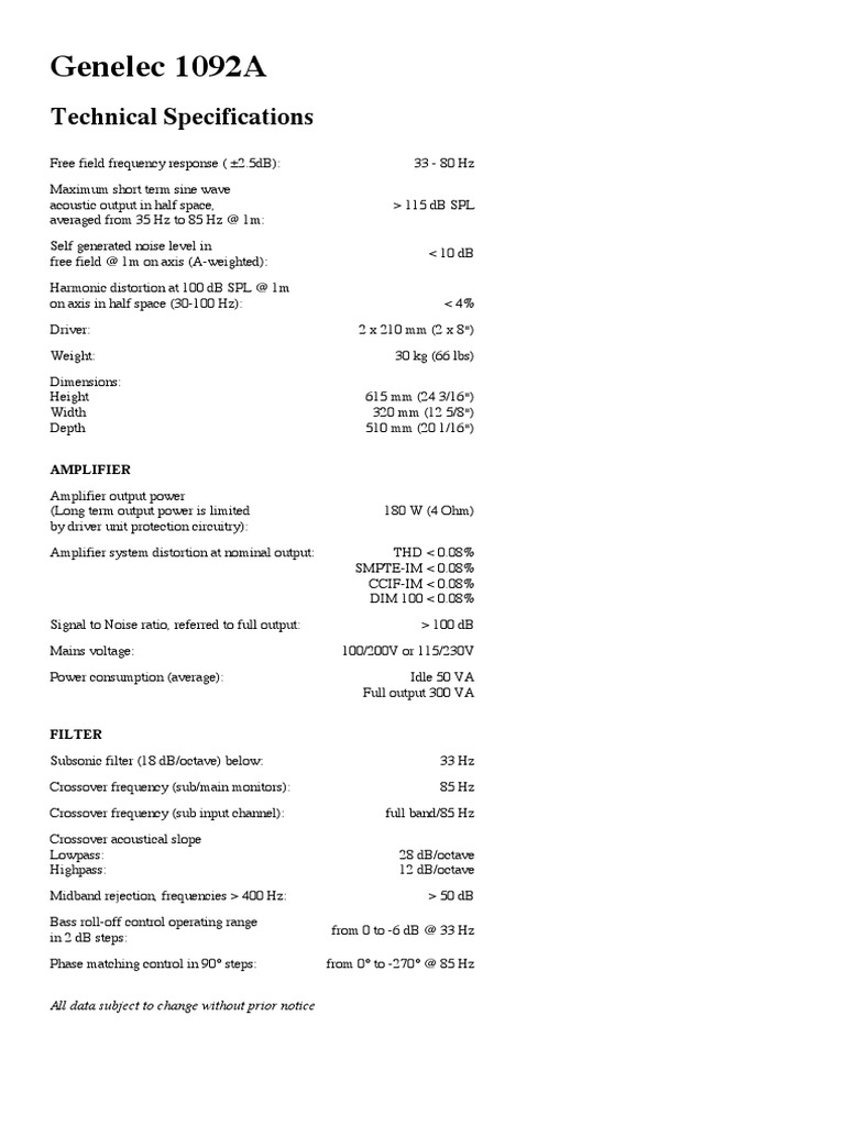 High-Performance Subwoofer with Precise Technical Specifications for its Free Field Frequency ...