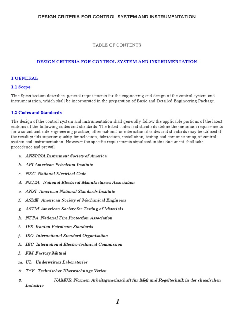 Design Criteria For Control System and Instrumentation | PDF | Valve ...