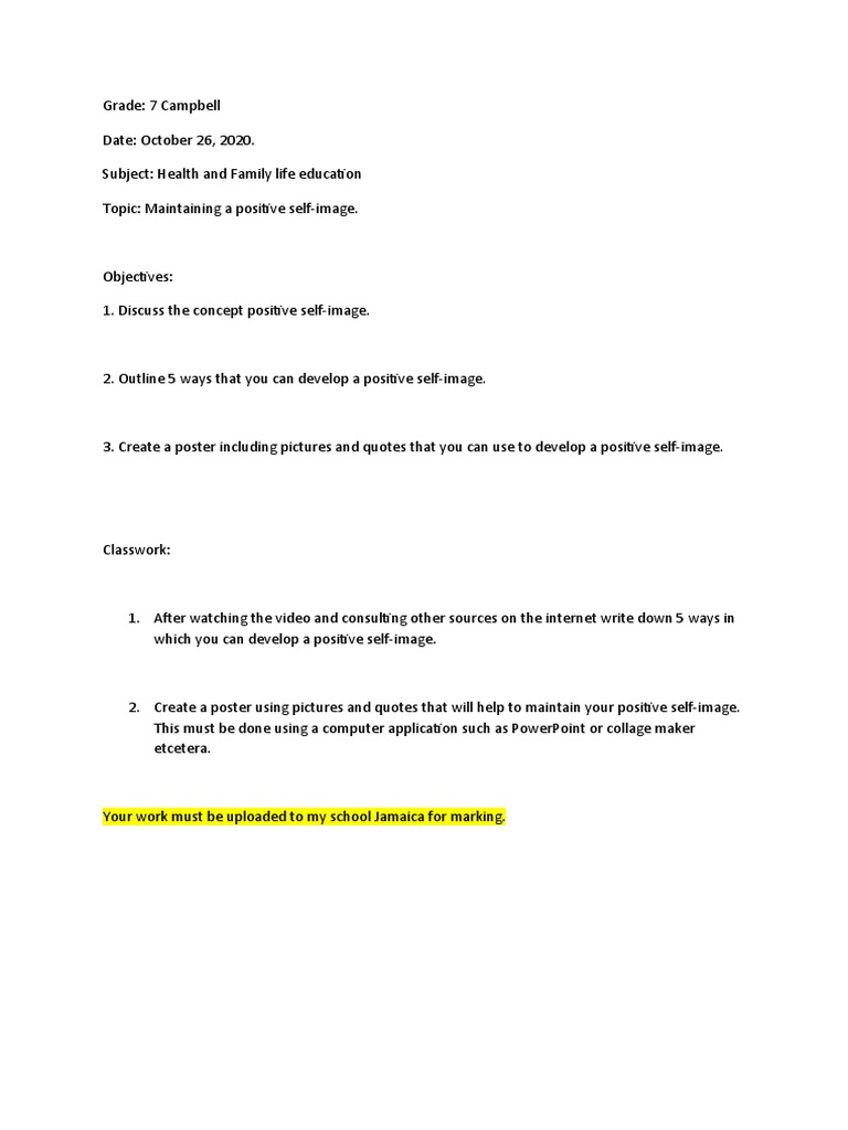 Grade 7 Hfle Positive Self Image Classwork Oct 26 | PDF