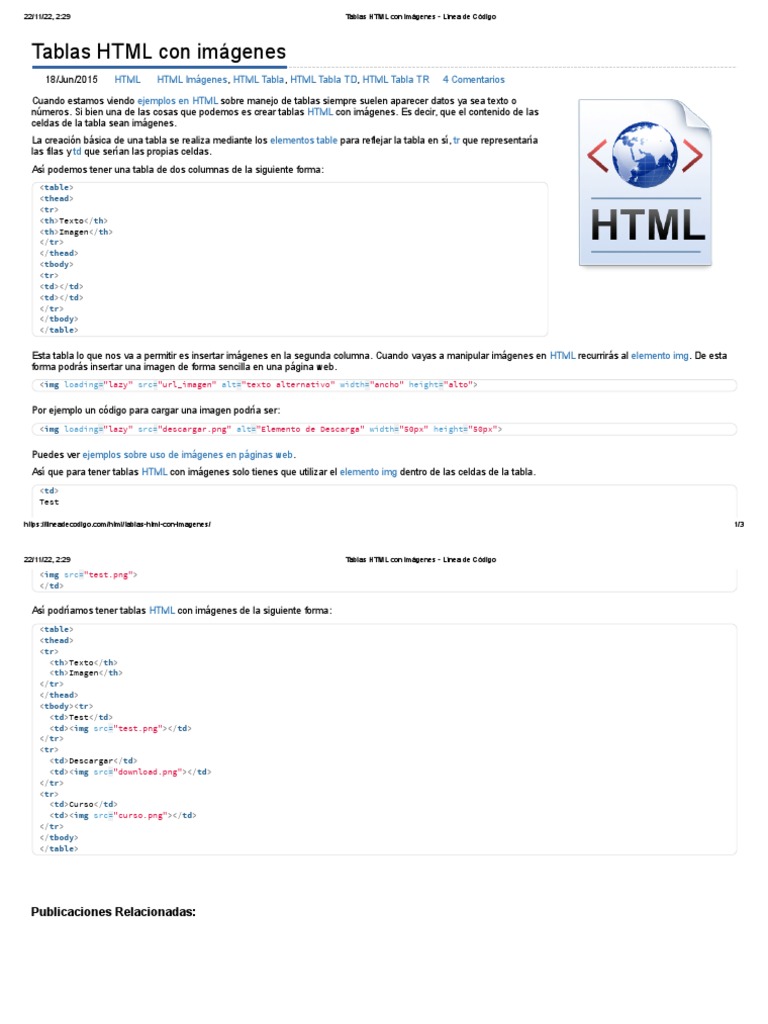 Tablas HTML Con Imágenes - Línea de Código | PDF | HTML | Página web