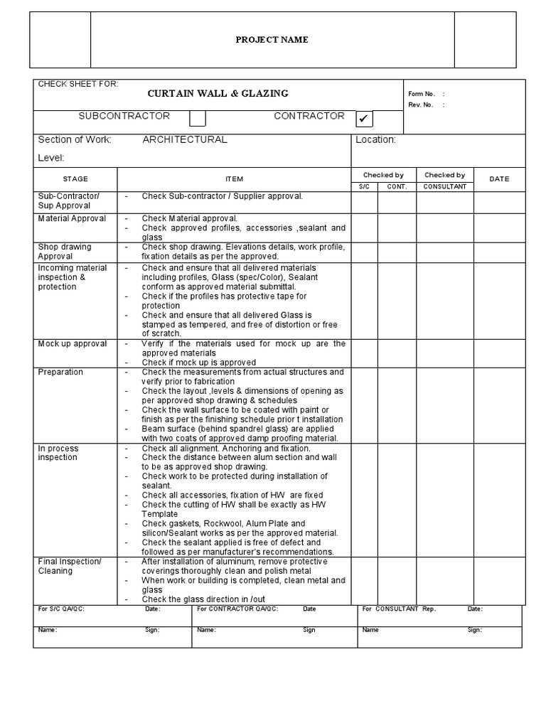 Checklist For Curtain Wall & Glazing Installation | PDF | Civil ...