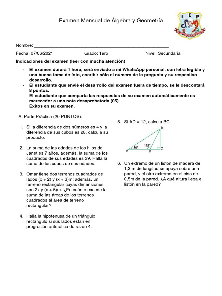 Examen Mensual de Alg y Geo 1ero - II Bimestre | PDF