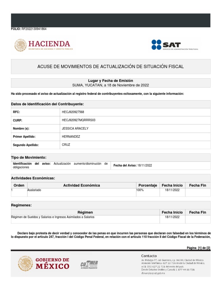 Acuse de Movimientos de Actualización de Situación Fiscal | PDF ...