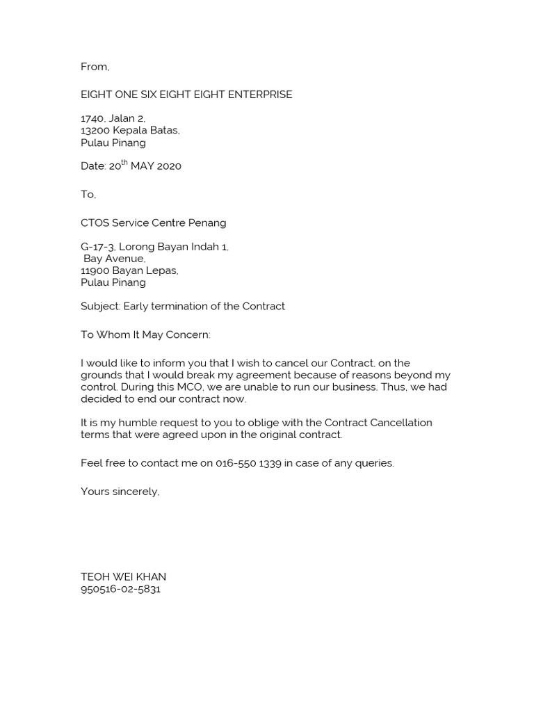 Contract Termination Notice to CTOS | PDF | Finance & Money Management