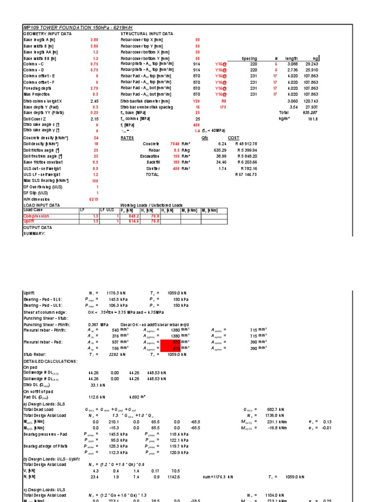 54m Lattice Tower 12m2 - Foundation Calculations | PDF | Materials | Civil Engineering