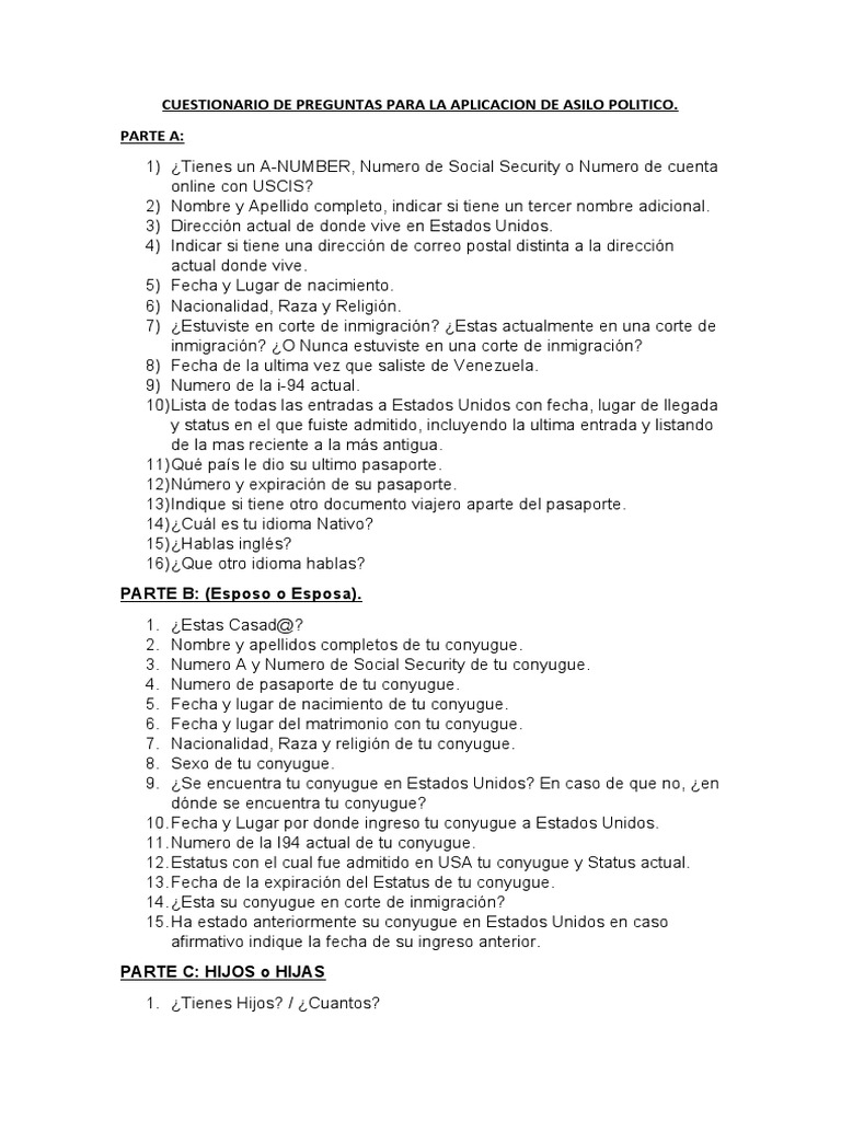Cuestionario de Preguntas para La Aplicacion de Asilo Politico | PDF ...