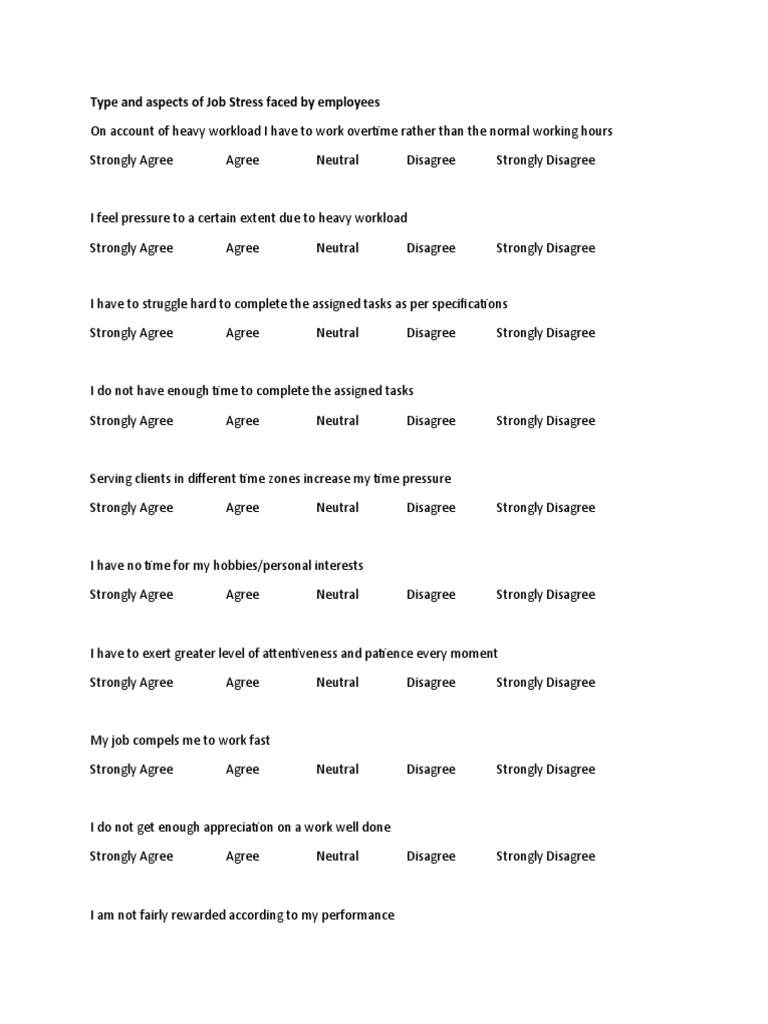 Job Stress Questionnaire | PDF | Occupational Stress | Psychological ...