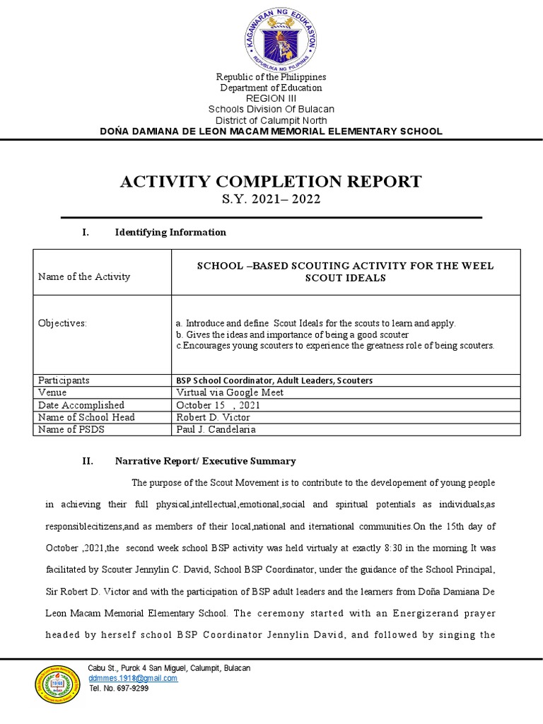 ACR BSP School Based Scouting Activity For The Week Scout Ideals Oct 15 ...
