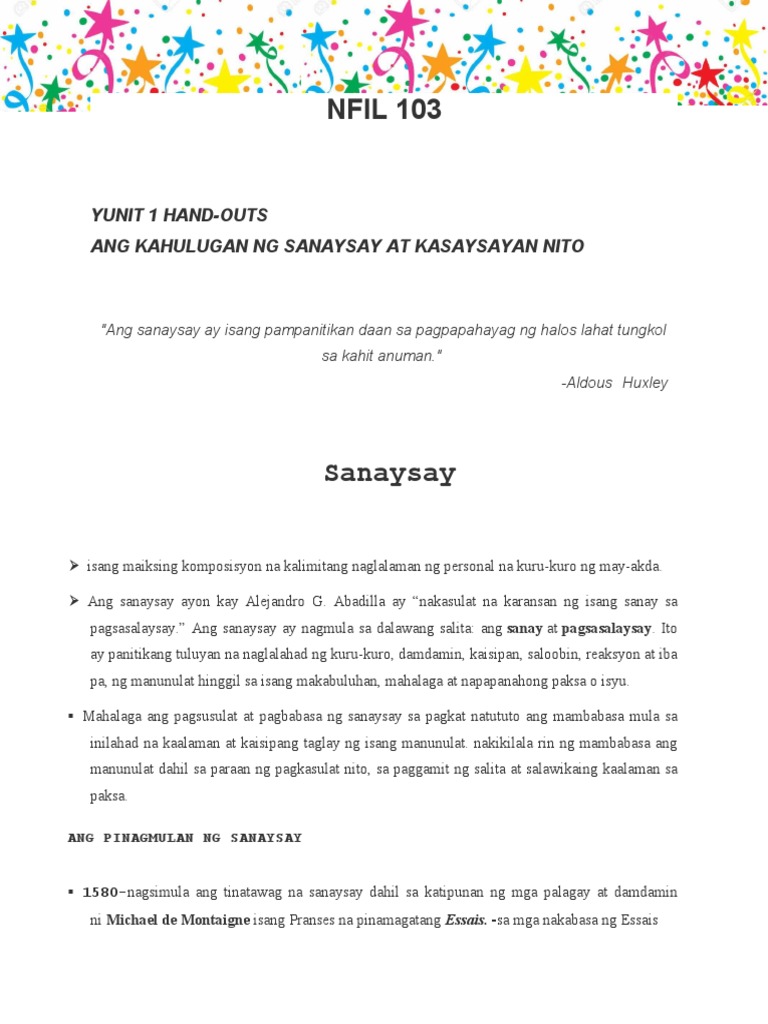 01.kahulugan at Kasaysayn NG Sanaysay | PDF
