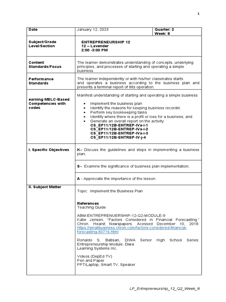 LP Entrepreneurship Q2 Week-9-Cot | PDF | Educational Technology | Cognition
