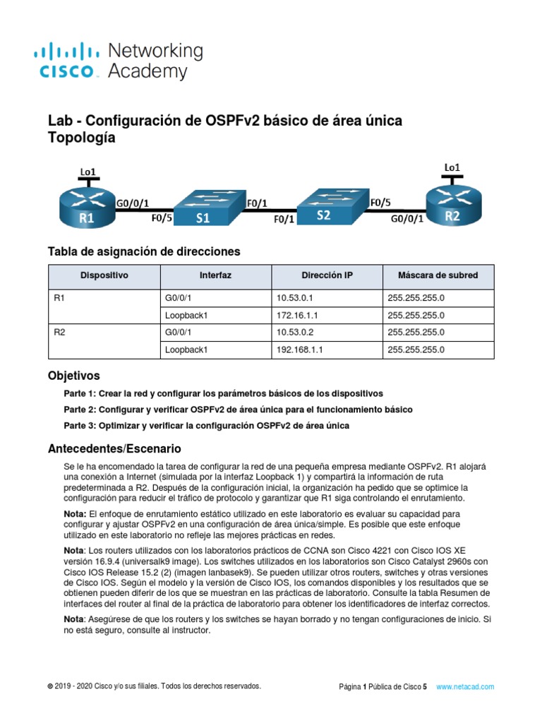 2.7.2-Lab - Configure-Single-Area-Ospfv2 - es-XL | PDF | Enrutador (Computación) | Internet