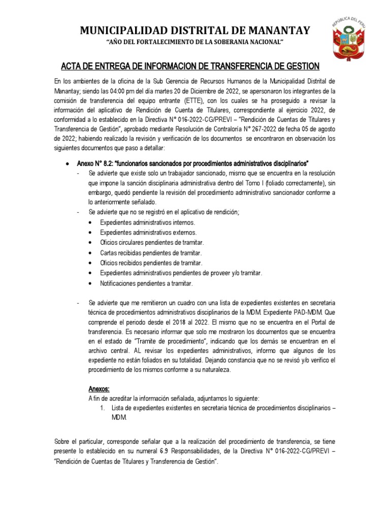ACTA DE ENTREGA DE INFORMACION DE TRANSFERENCIA DE GESTION (2) GHG ...